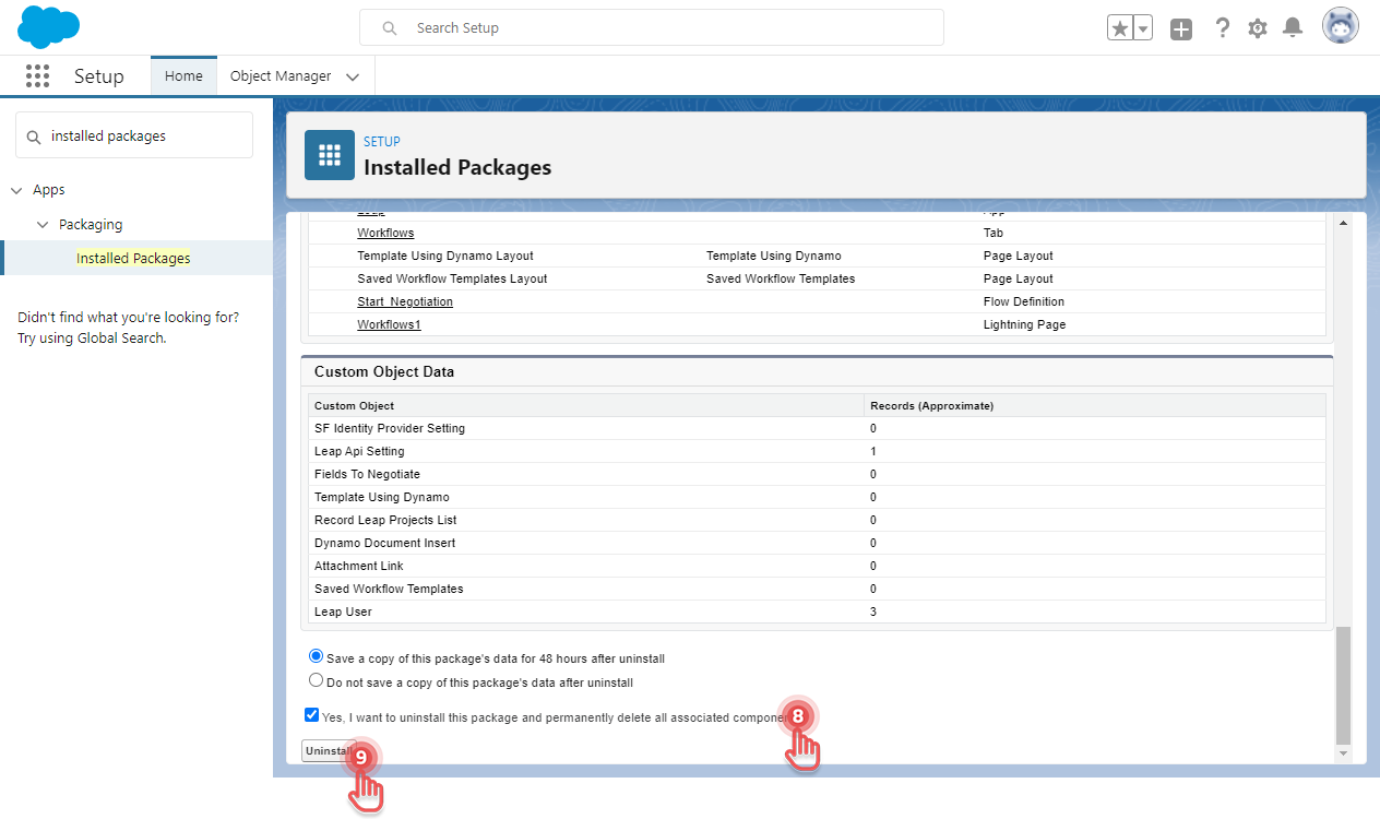 Uninstalling Documill Leap Salesforce app